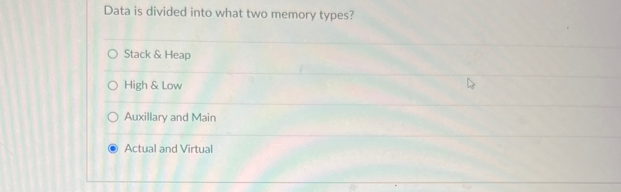 Solved Data is divided into what two memory types?Stack & | Chegg.com