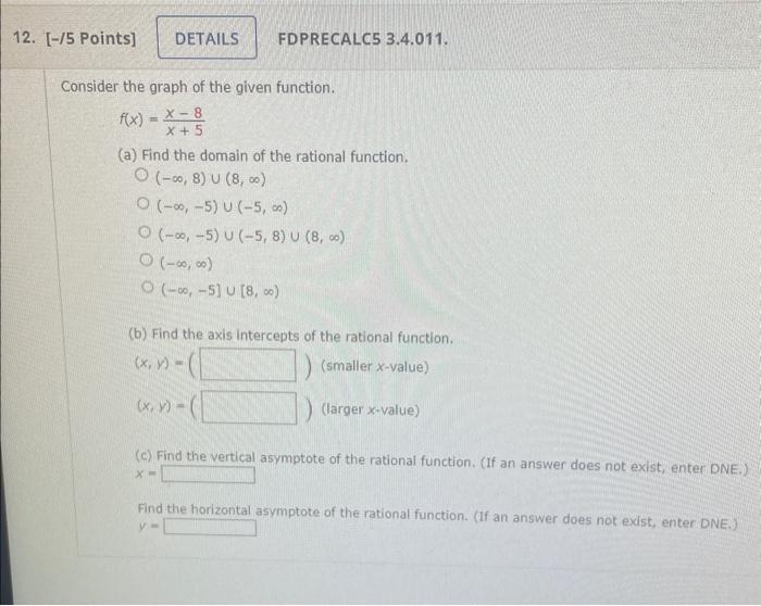 Solved Consider the graph of the given function. f(x)=x+5x−8 | Chegg.com