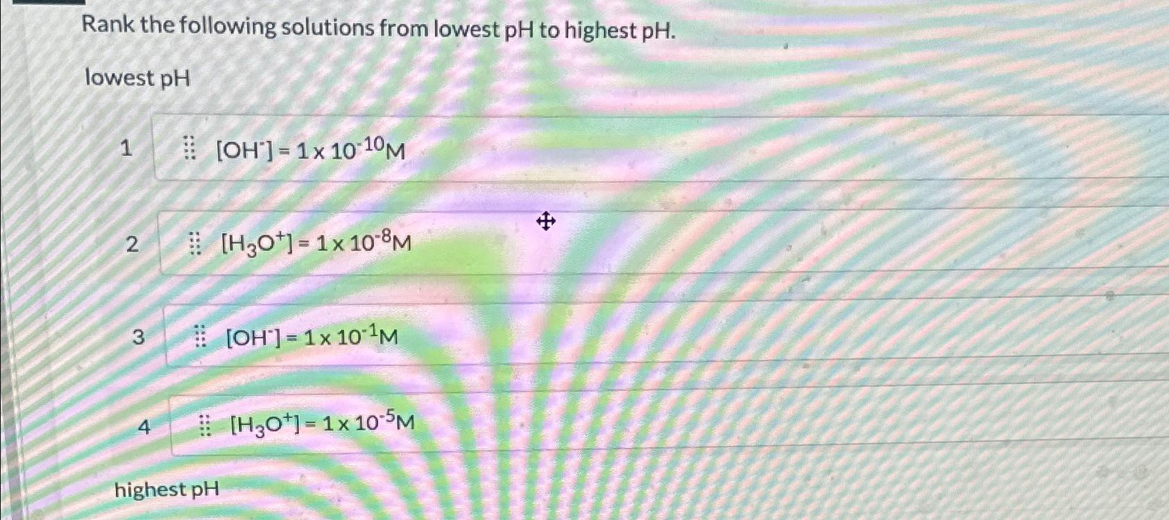 Rank the following solutions from lowest pH ﻿to | Chegg.com
