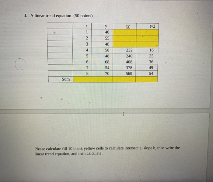 Solved d. A linear trend equation. (50 points) t ty t^2 1 у | Chegg.com