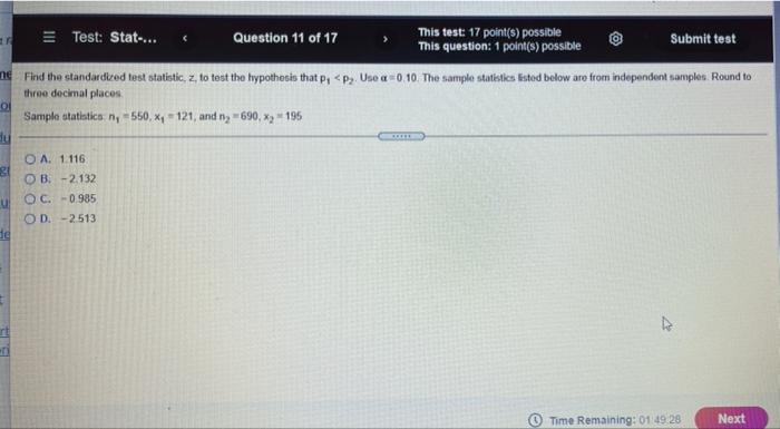 Solved 11 C Test: Stat.... Question 11 of 17 This test: 17 | Chegg.com