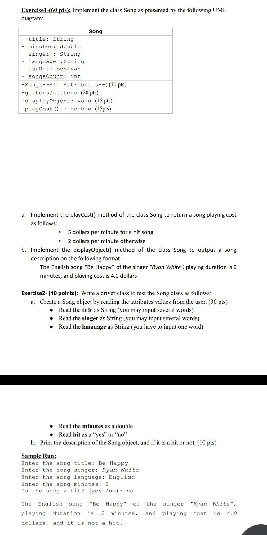Solved Exercise1-(60 pts): Implement the class Song as | Chegg.com