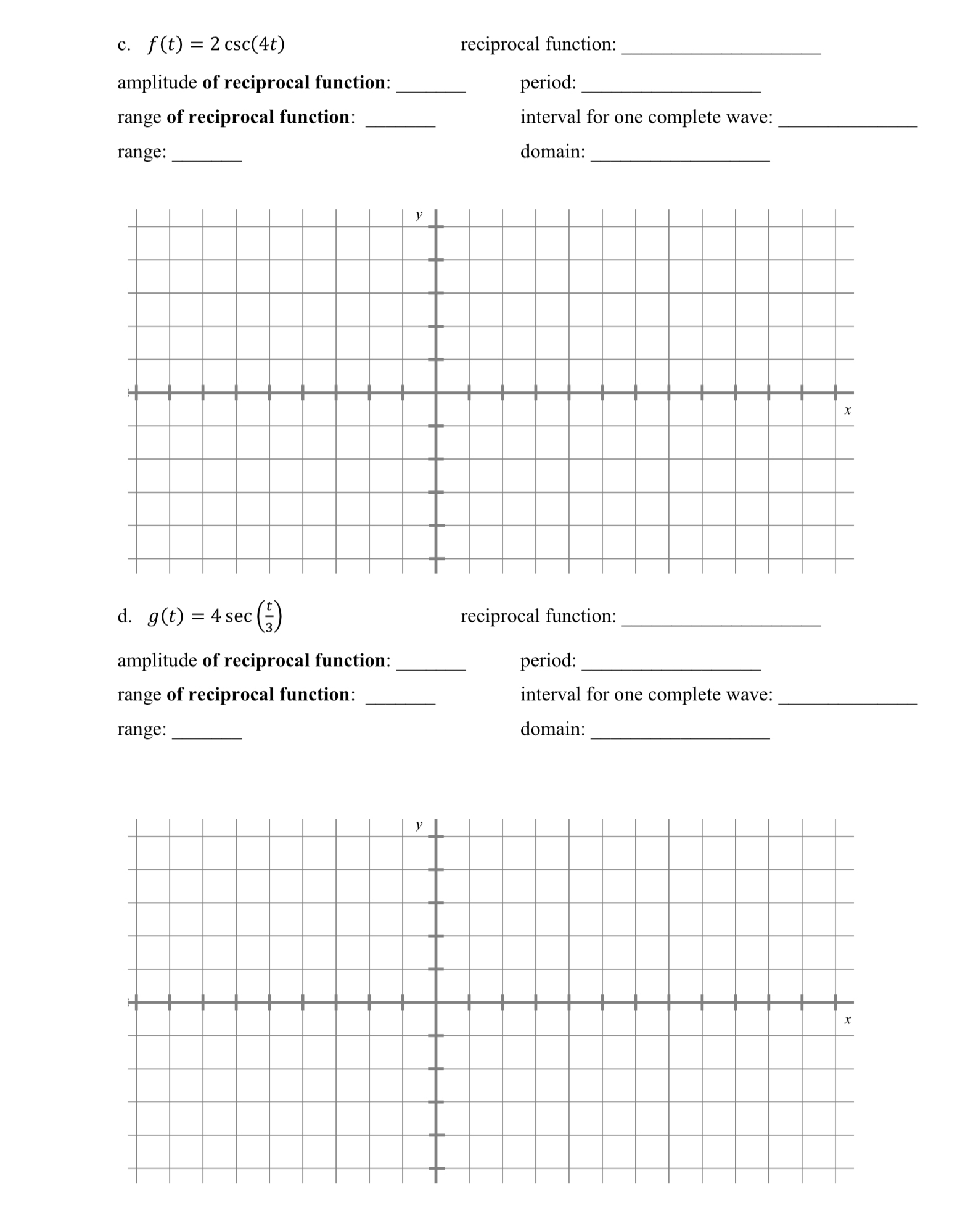 Solved c. f(t)=2csc(4t)reciprocal function:amplitude of | Chegg.com