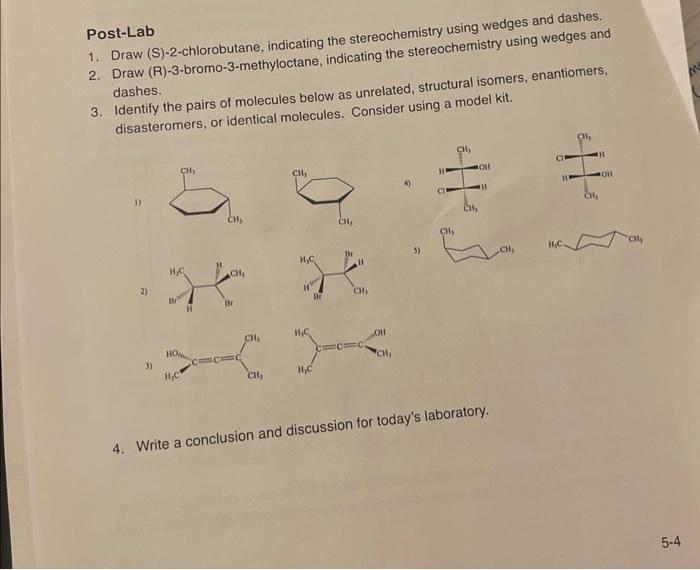 Solved Post-Lab 1. Draw (S)-2-chlorobutane, indicating the | Chegg.com