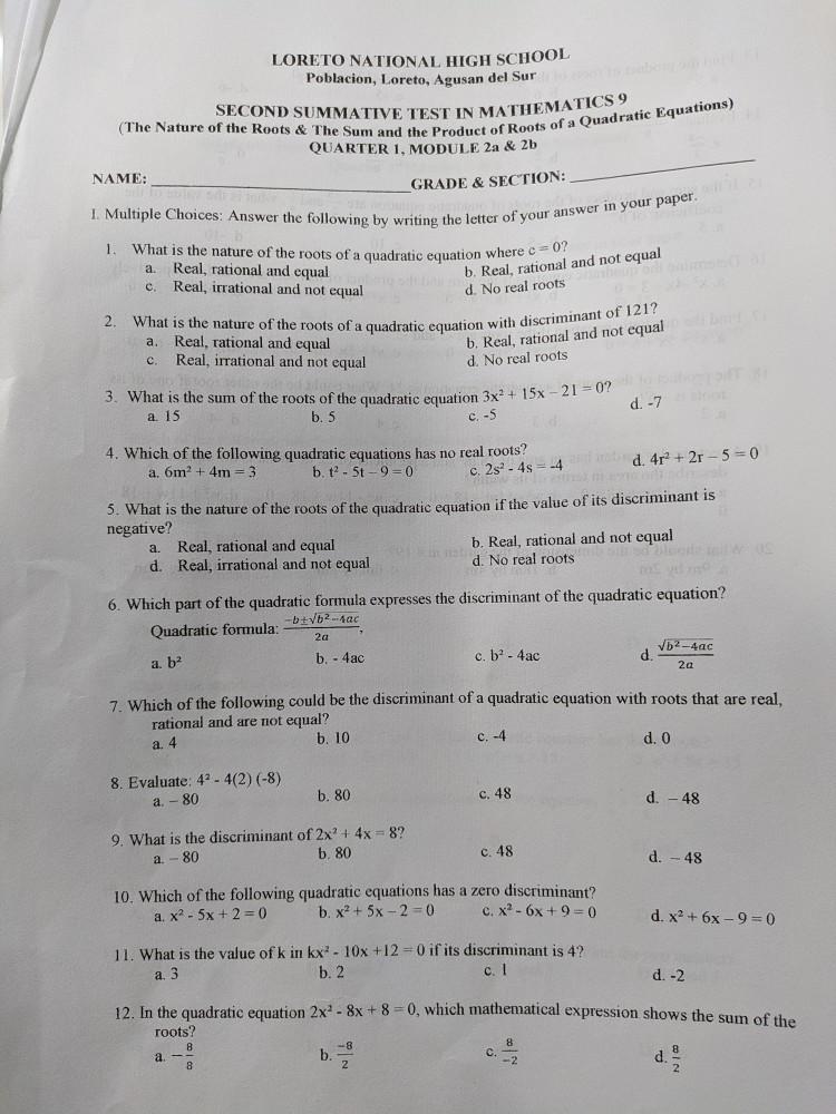 Solved GRADE SECTION The Nature Of The Roots The Sum Chegg