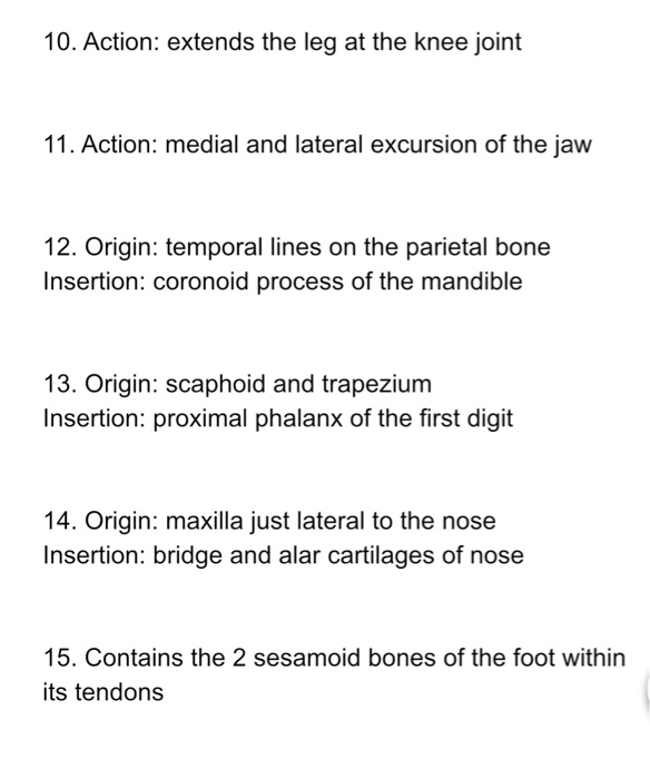 Solved 10. Action: extends the leg at the knee joint 11. | Chegg.com