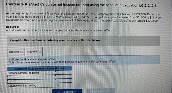 Solved Exercise 2-16 (Algo) Calculate net income (or loss) | Chegg.com