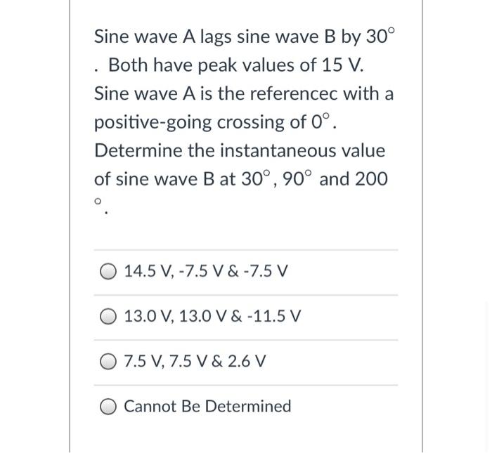 Solved Sine wave A lags sine wave B by 30∘ . Both have peak | Chegg.com
