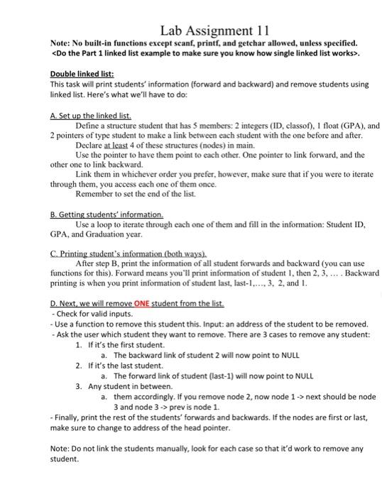 Solved Lab Assignment 11 Note: No built-in functions except | Chegg.com