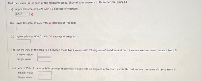 Solved Find the t value(s) for each of the following cases. | Chegg.com
