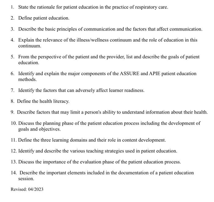 1. State the rationale for patient education in the | Chegg.com