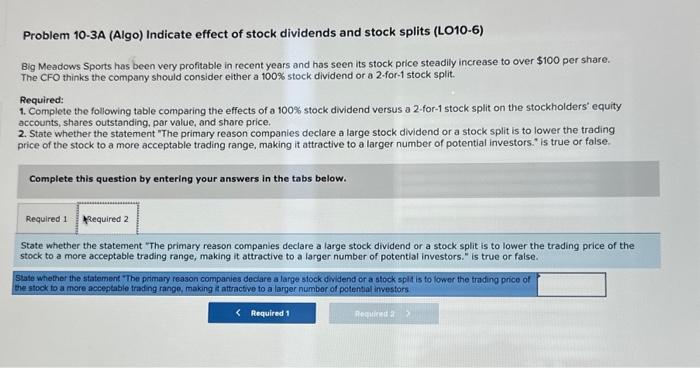 Solved Problem 10-3A (Algo) Indicate effect of stock | Chegg.com