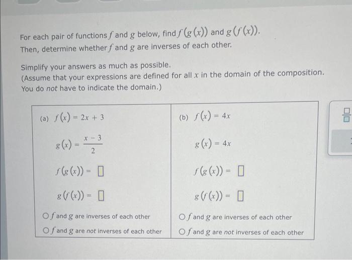 Solved For each pair of functions f and g below, find | Chegg.com