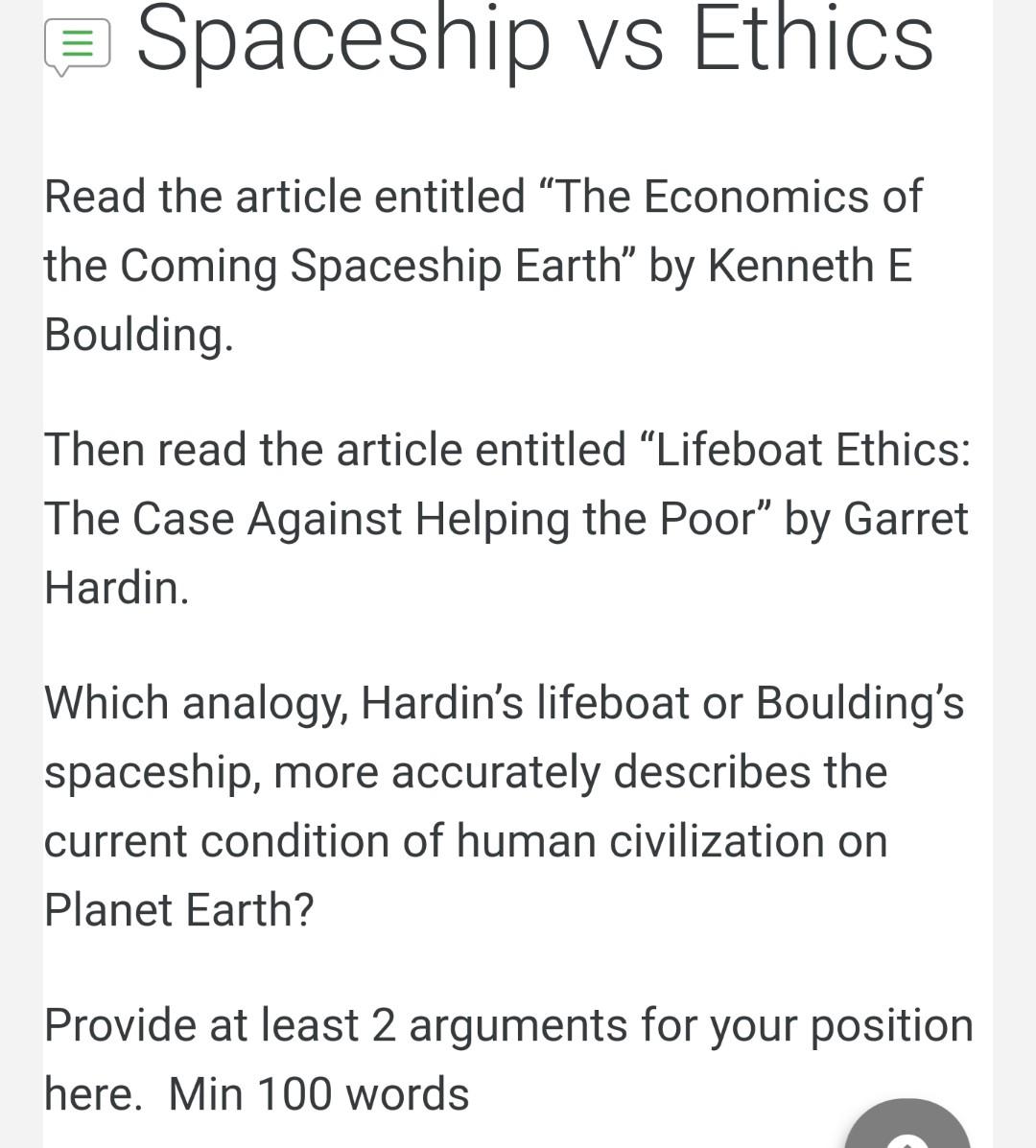 Solved = Spaceship vs Ethics Read the article entitled "The | Chegg.com