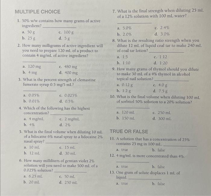 Solved MULTIPLE CHOICE 1. 50%w/w contains how many grams of | Chegg.com