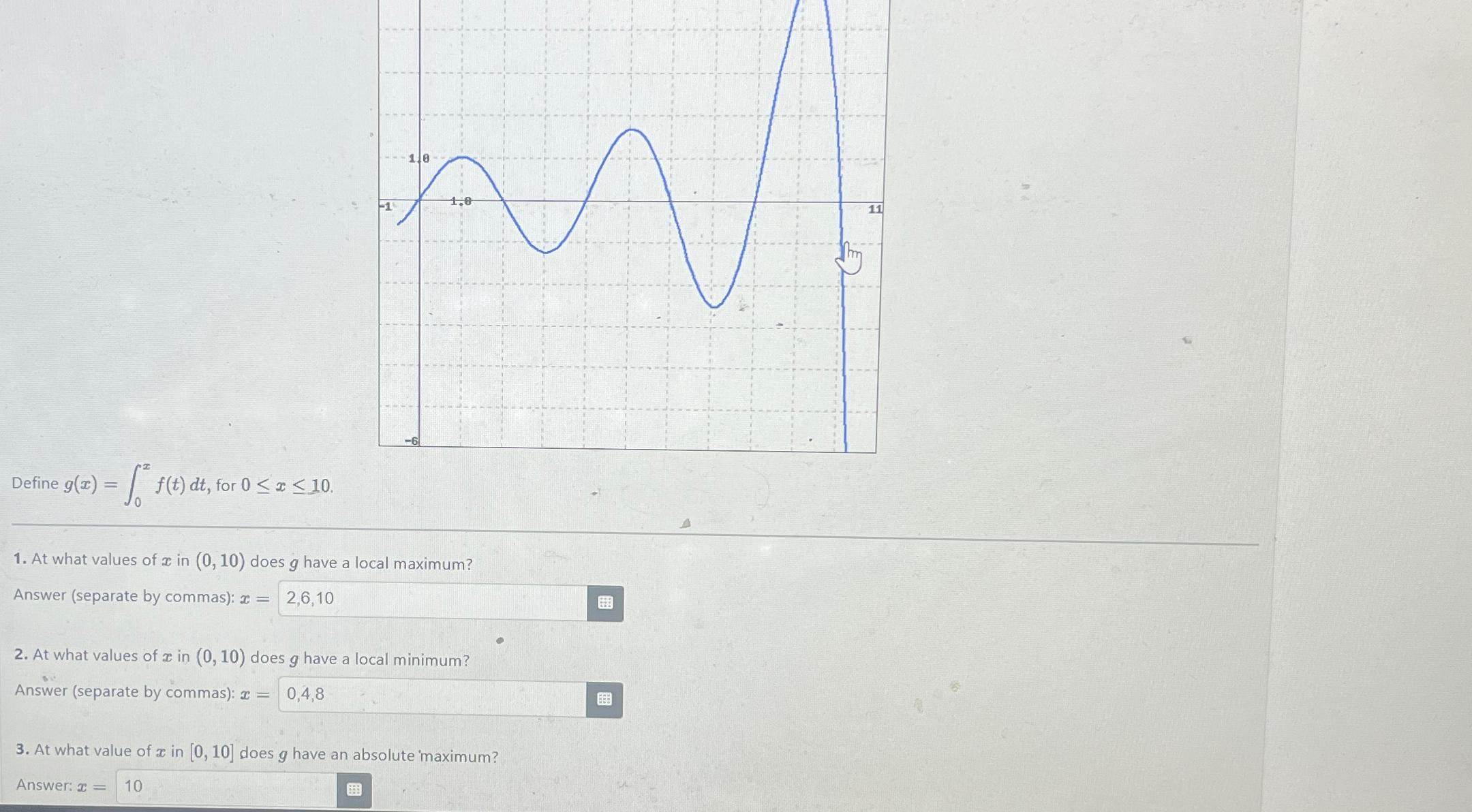 Solved Define g(x)=∫0xf(t)dt, ﻿for 0≤x≤10At what values of x | Chegg.com