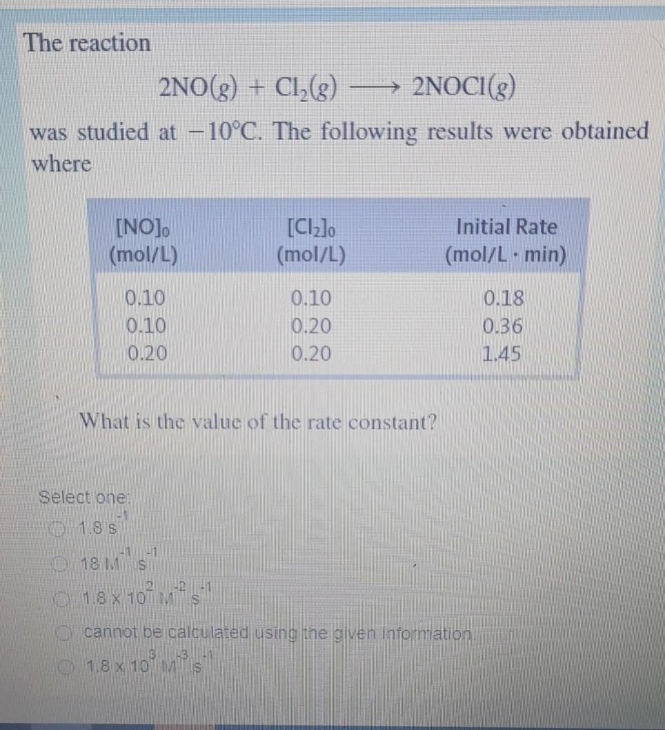 Solved The reaction 2NO(g) + Cl2(8) — 2NOCI(3) was studied | Chegg.com