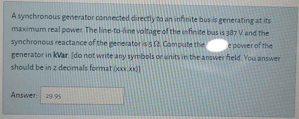 Solved A synchronous generator connected directly to an | Chegg.com