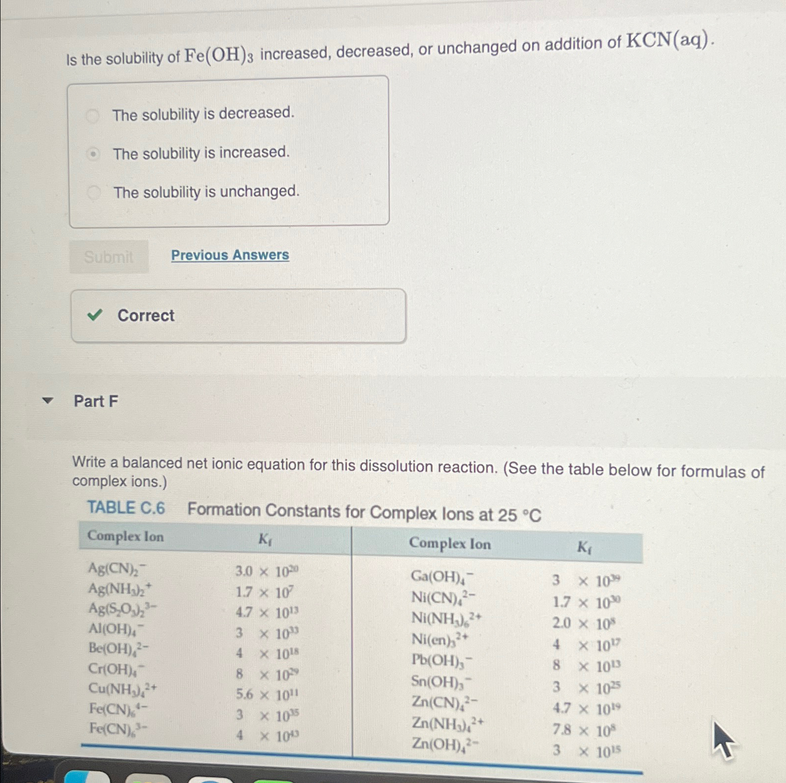 Solved Is the solubility of Fe(OH)3 ﻿increased, decreased, | Chegg.com