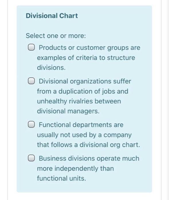 Solved Divisional Chart Select one or more: O Products or | Chegg.com