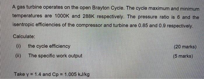 Solved A gas turbine operates on the open Brayton Cycle. The | Chegg.com