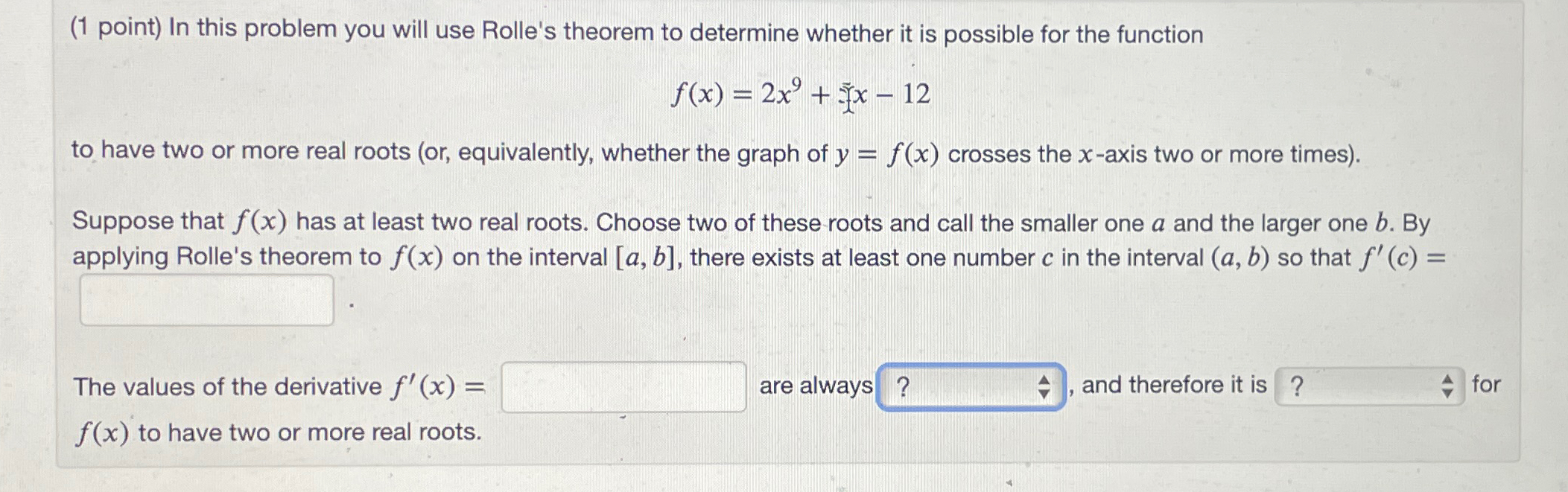 Solved (1 ﻿point) ﻿In this problem you will use Rolle's | Chegg.com