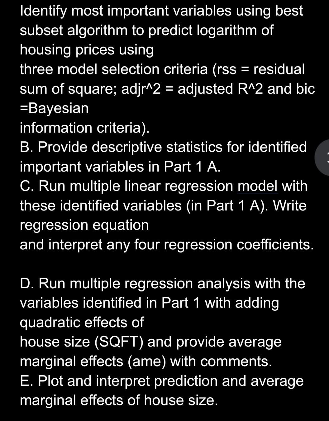 Identify most important variables using best subset | Chegg.com