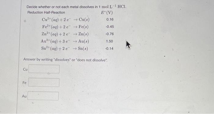 Solved Decide whether or not each metal dissolves in 1 mol | Chegg.com