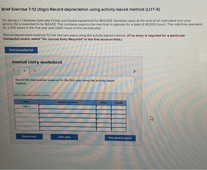 Solved Brlef Exercise 7-12 (Algo) Record depreclatlon using | Chegg.com