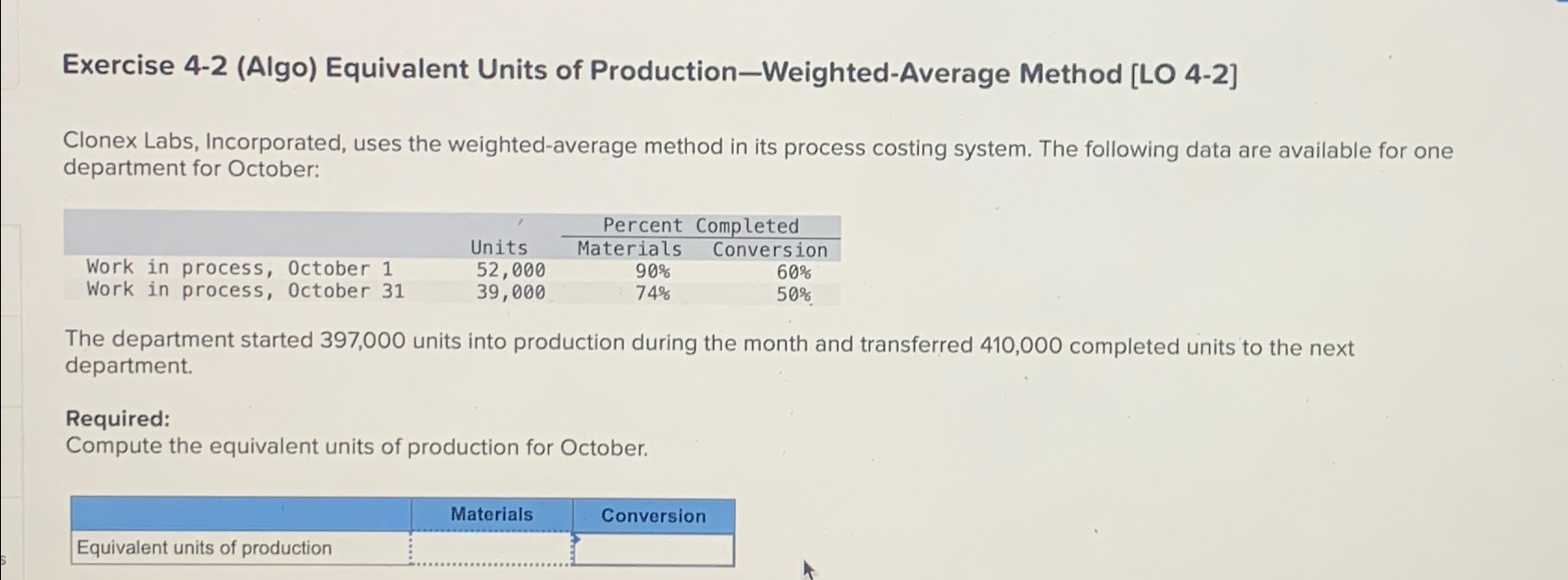 Solved Exercise 4-2 (Algo) ﻿Equivalent Units of | Chegg.com
