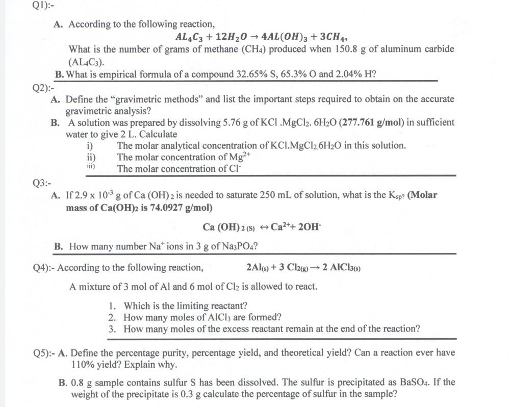 Solved Q1):- A. According to the following reaction, AL4C3 + | Chegg.com