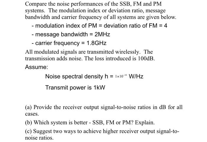 Compare the noise performances of the SSB, FM and PM | Chegg.com