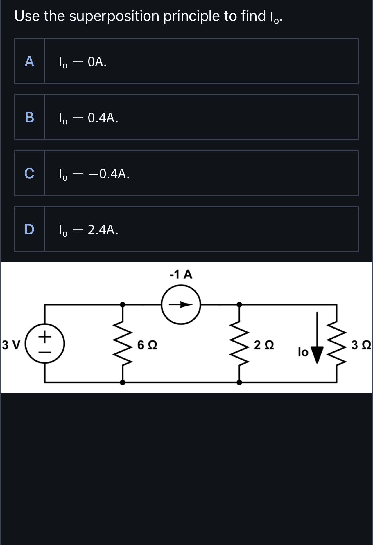 Solved Use the superposition principle to find I0.A ,I0=0A.B | Chegg.com