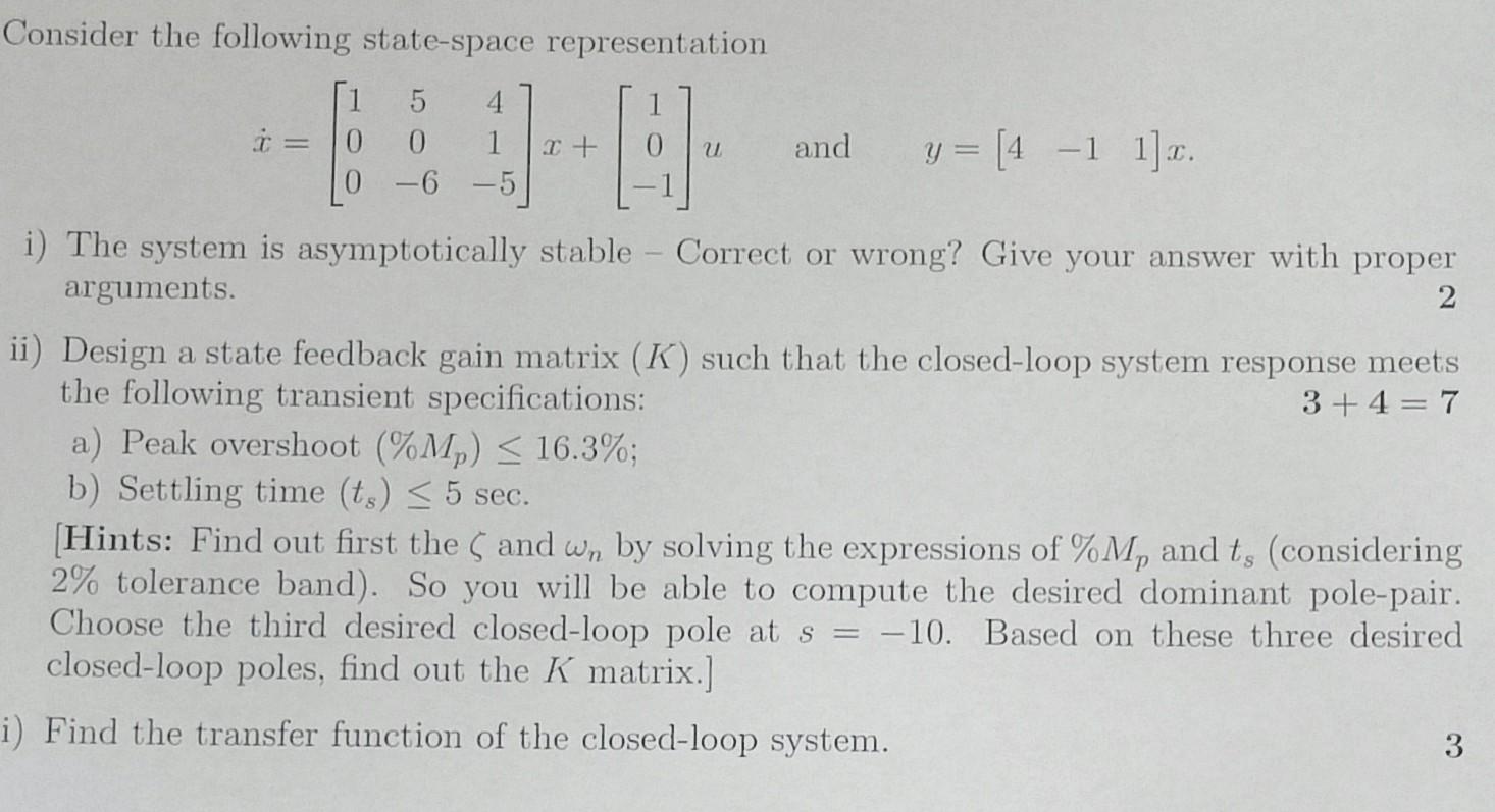 Solved Consider The Following State Space Representation