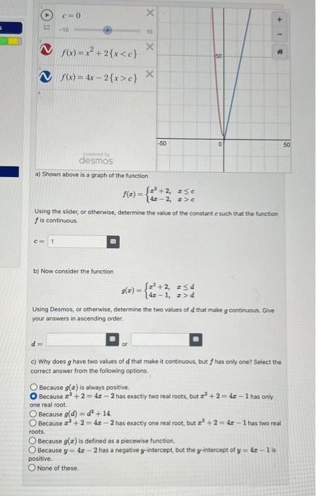 Solved c=0(−10) f(x)=x2+2{xc} desmos a) Shown above is a | Chegg.com