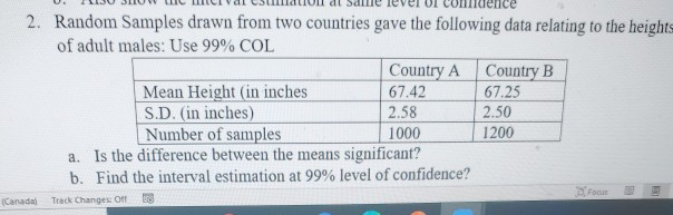 Solved 2. Random Samples drawn from two countries gave the | Chegg.com