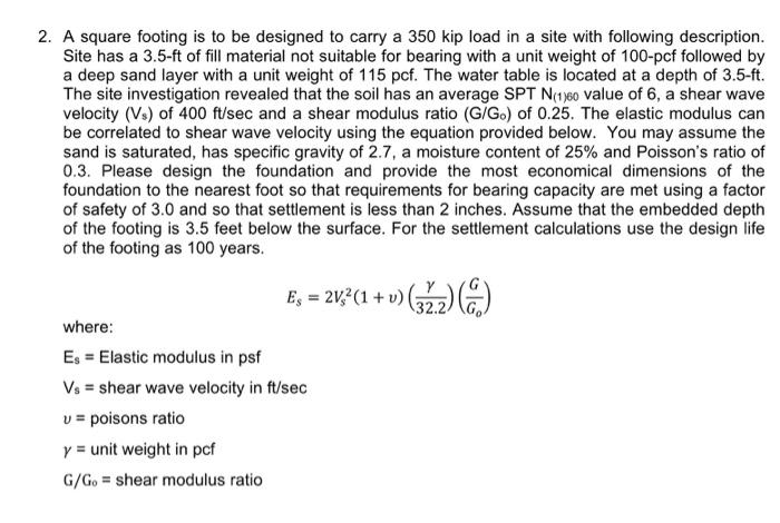 Solved A square footing is to be designed to carry a 350 kip | Chegg.com