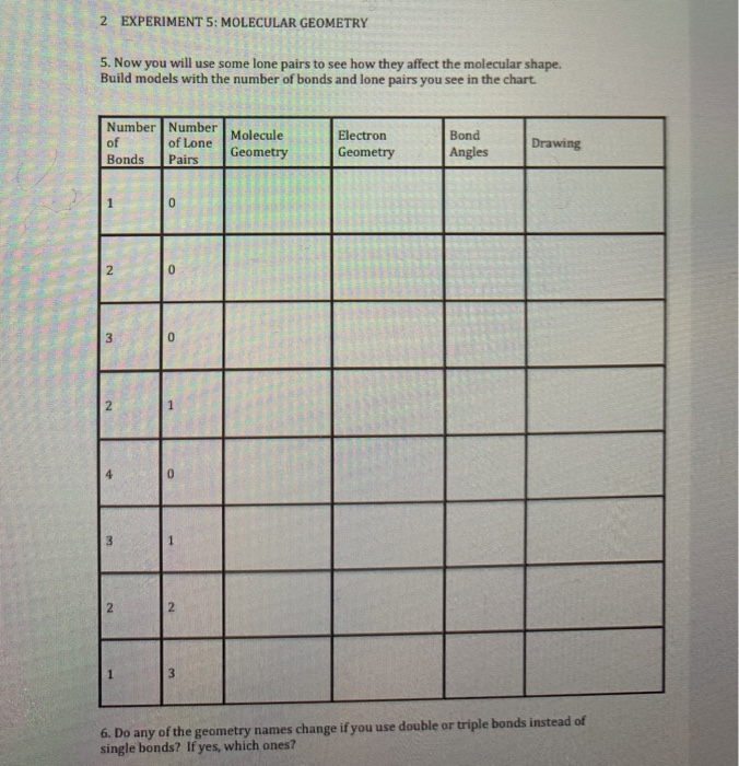Experiment 5: Molecular Geometry Data Collection and | Chegg.com