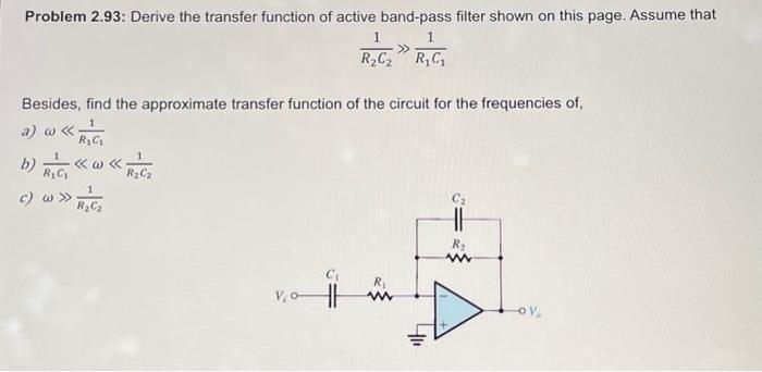 Solved Problem 2.93: Derive the transfer function of active | Chegg.com