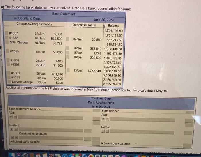 a) The following bank statement was received. Predare | Chegg.com