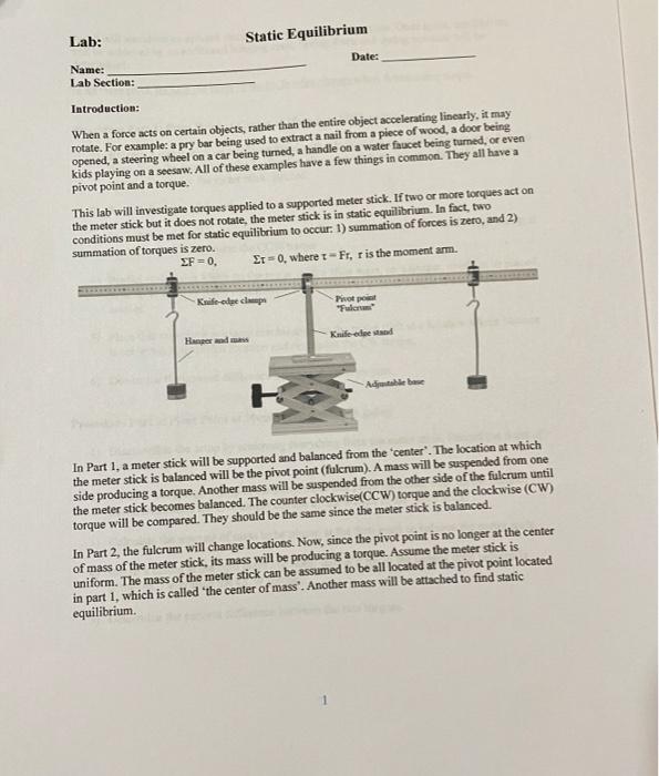 Solved Lab: Static Equilibrium Date: Name: Lab Section: | Chegg.com