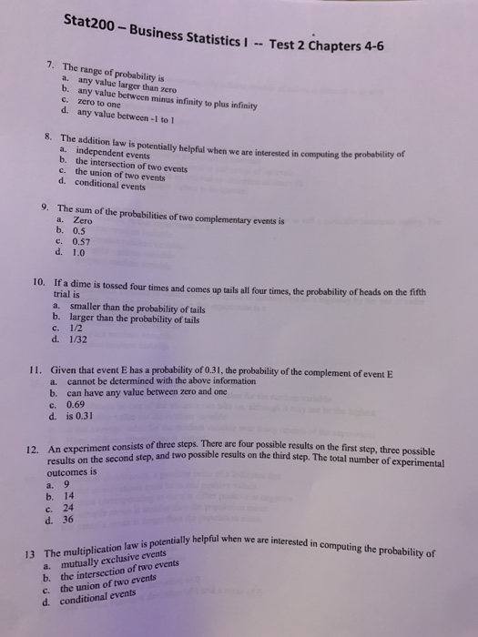 Solved Stat200 - Business Statistics -- Test - Business | Chegg.com