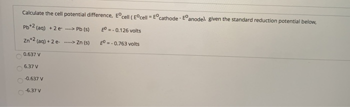 Solved Calculate the cell potential difference, Eºcell | Chegg.com