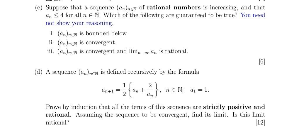 Solved (c) Suppose that a sequence (an)nen of rational | Chegg.com