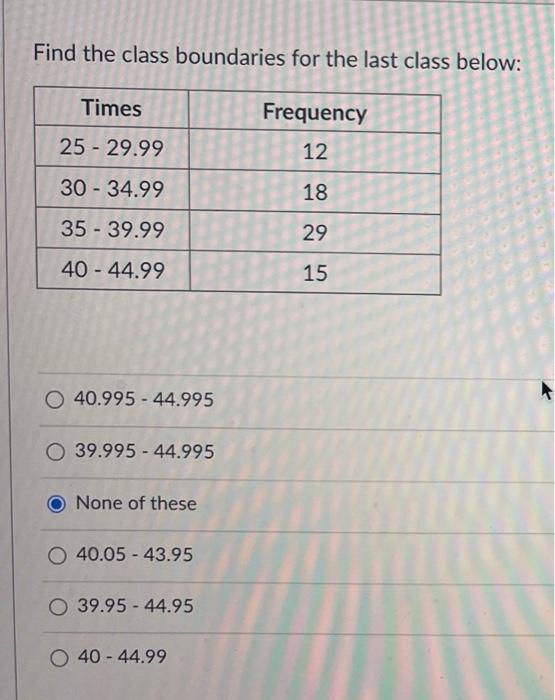 Solved Find the class boundaries for the last class below: | Chegg.com