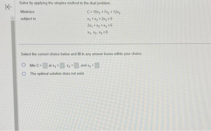 Solved Solve by applying the simplex method to the dual | Chegg.com