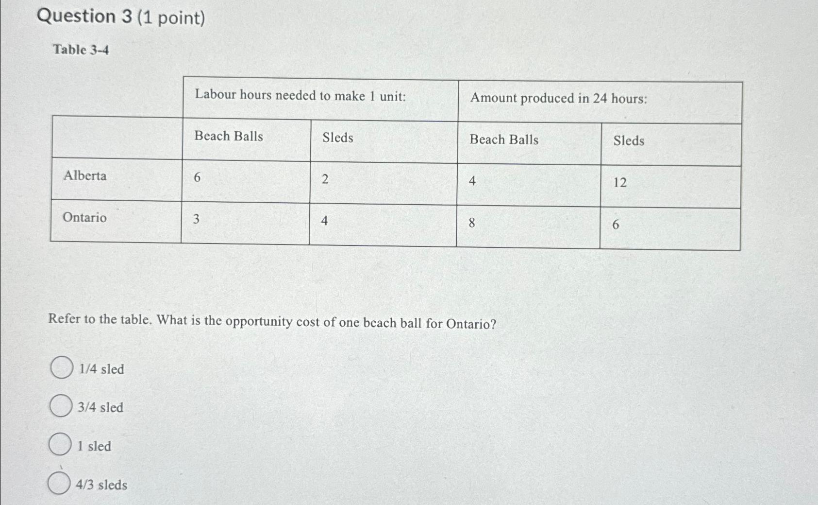 Solved Question 3 (1 ﻿point)Table 3-4\table[[,Labour hours | Chegg.com