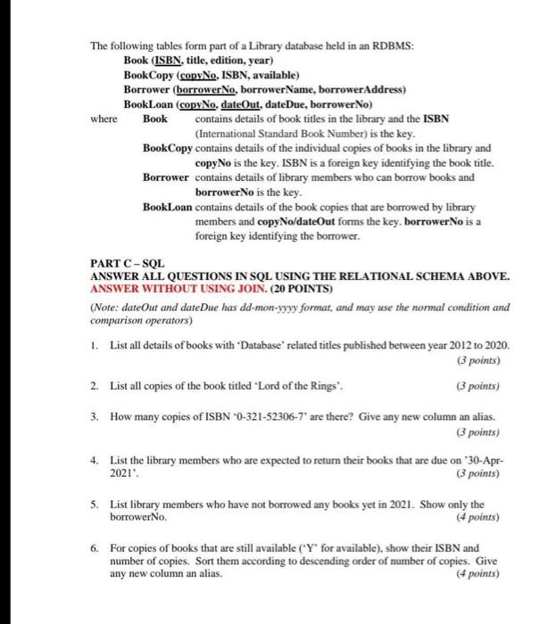 Solved The following tables form part of a Library database | Chegg.com