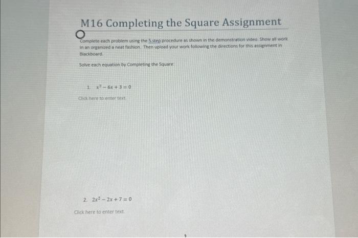 Solved M16 Completing the Square Assignment Complete each | Chegg.com