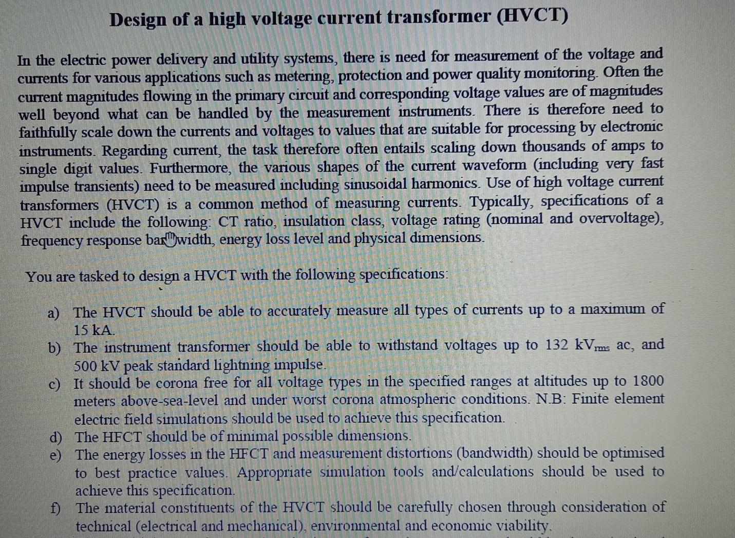 Solved Design of a high voltage current transformer (HVCT) | Chegg.com